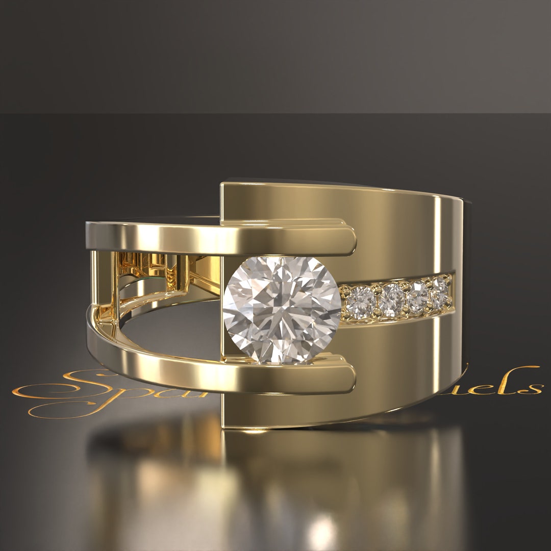 Round Cut Moissanite Men's Ring, Solid Gold Ring for Men, Men's Lab ...