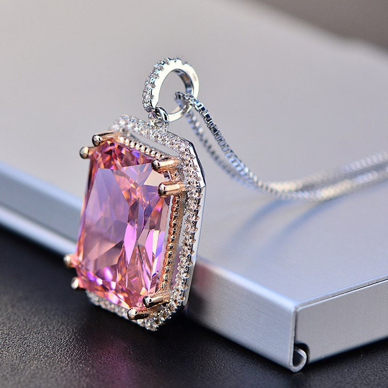 Pink Stone Pendant 14k Solid White Gold Pendant Pink Topaz - Etsy