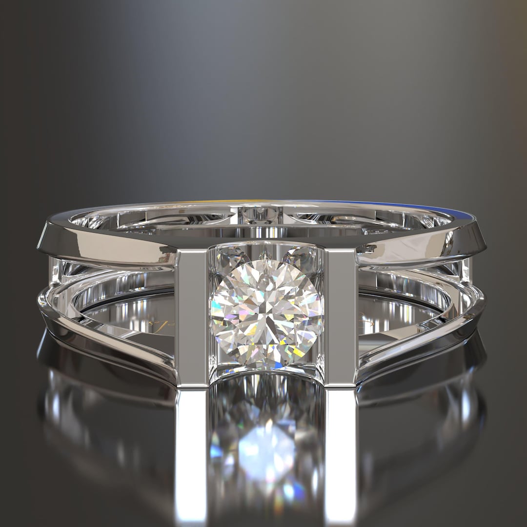 Round Cut Moissanite Men's Ring, Solid Gold Ring for Men, Round Lab ...