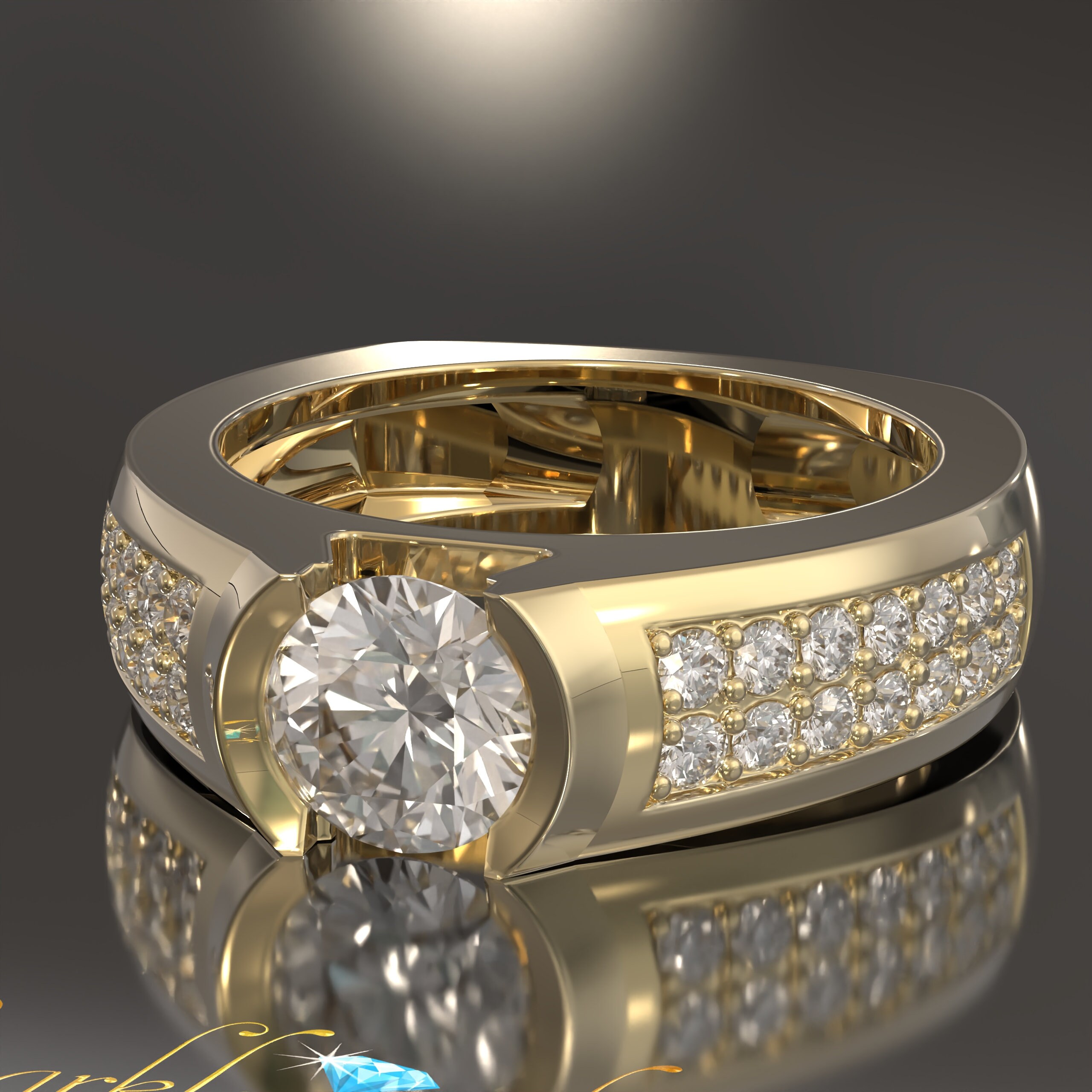 Round Moissanite Men's Ring, Solid Gold Ring for Men, Certified Round ...