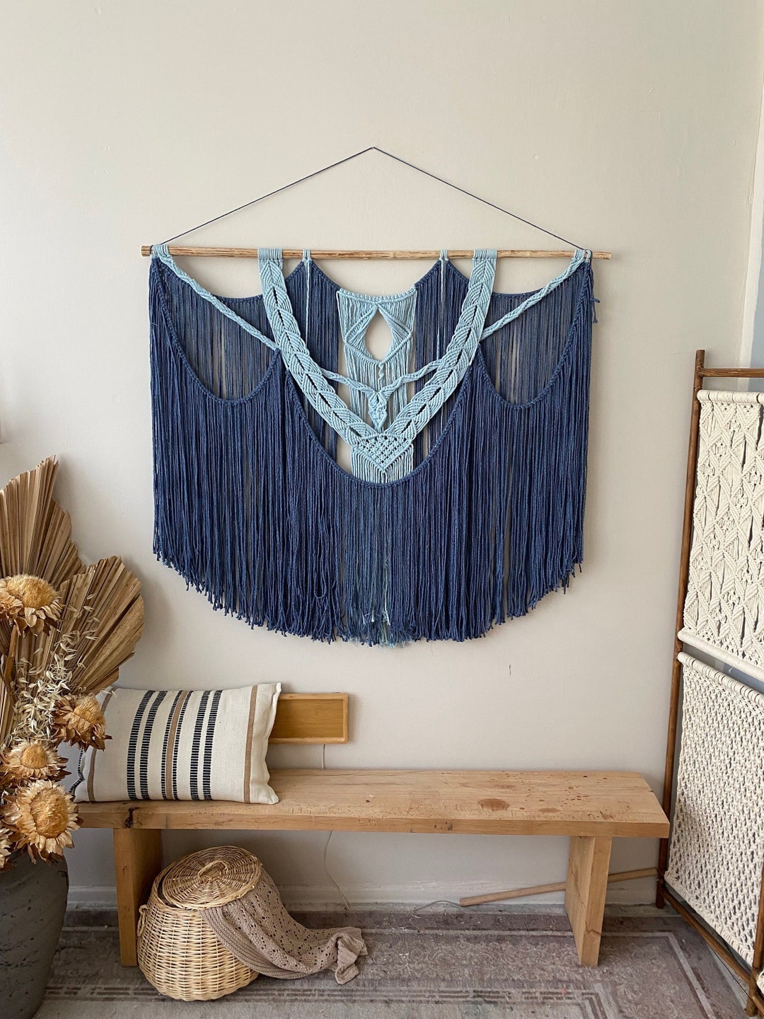 Oversize Blue Boho Macrame Wall Hanging, Ocean Blue Wall Art, Boho ...
