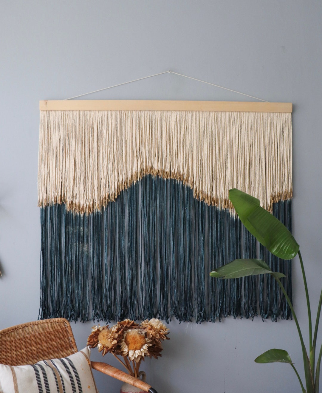 Macrame Dip Dyed Wall Hanging, Statement Home Decor, Blue Ombre and ...