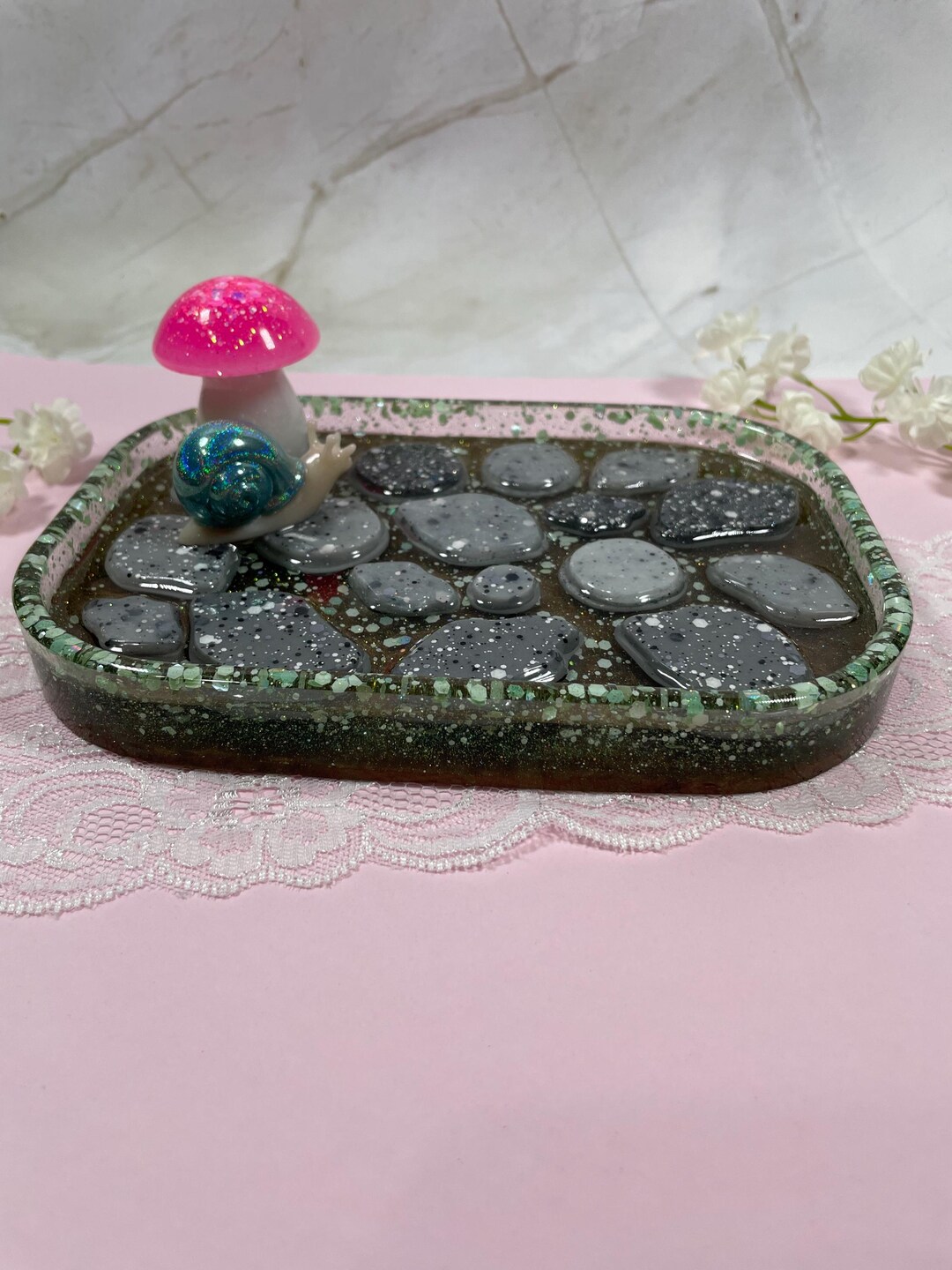 Snail and Mushroom Garden Pathway Resin Jewelry Tray Jewelry Organizer ...