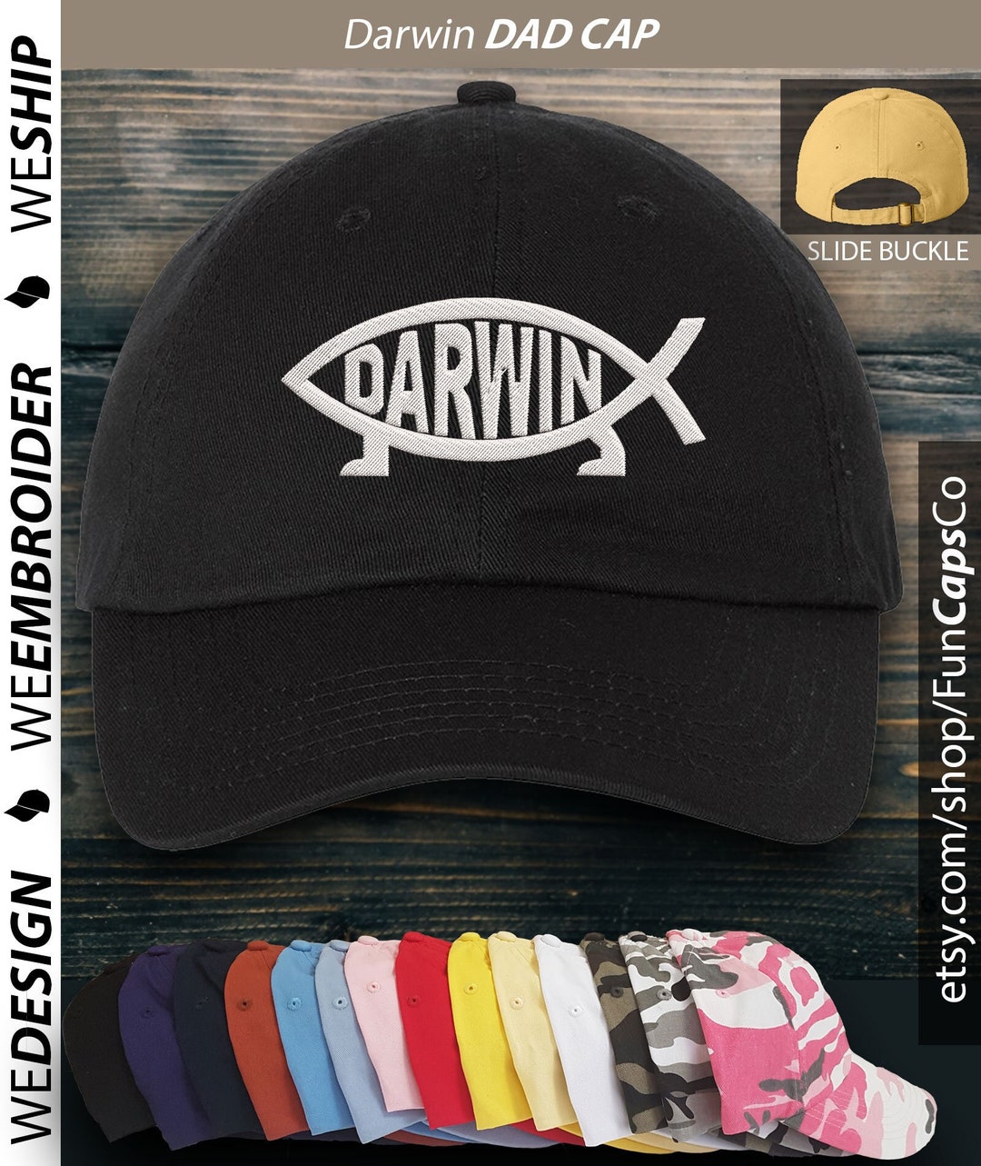 Darwin Hat | Embroidered Baseball Cap Low Profile Black Custom Strap ...