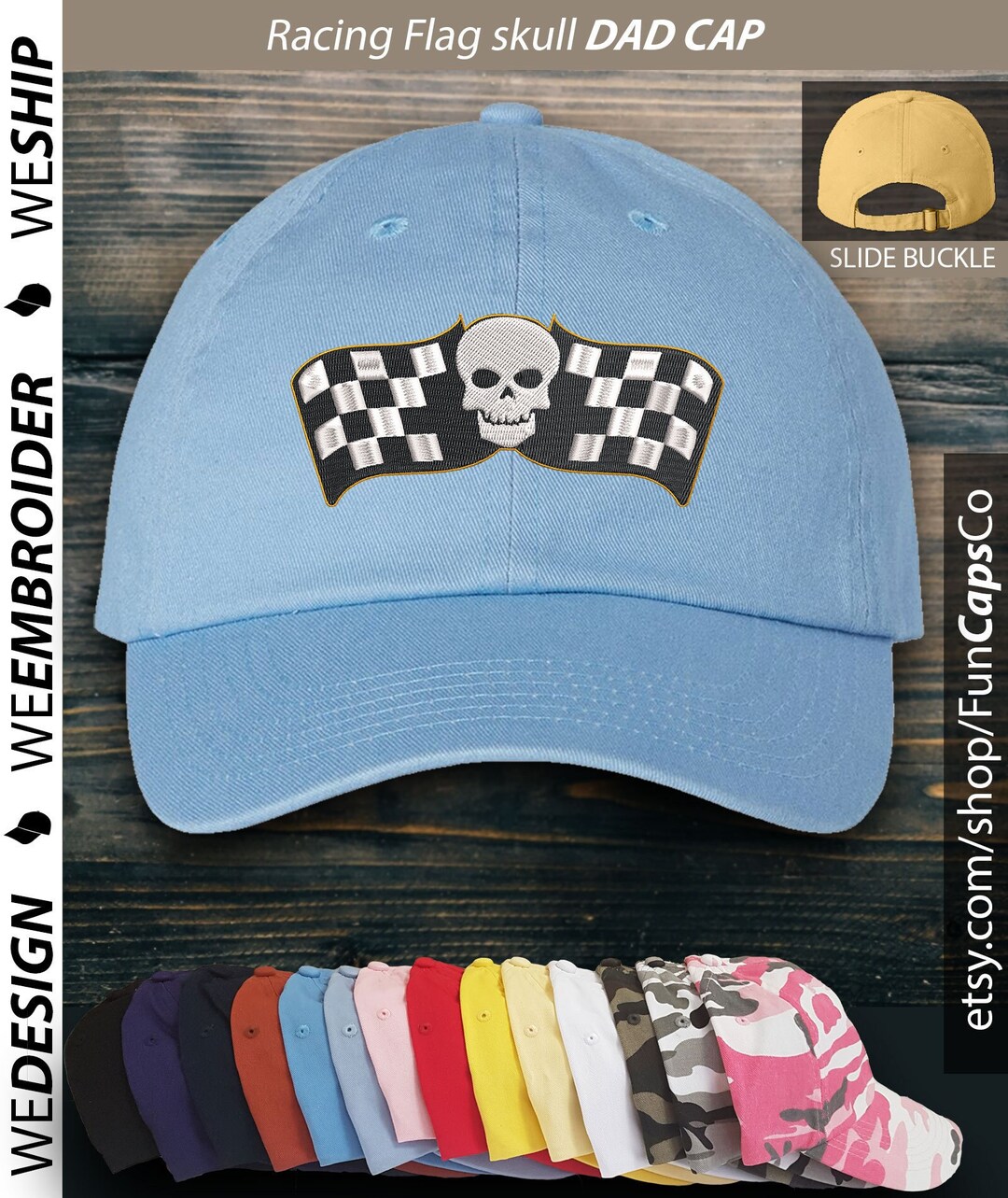 Racing Flag Skull Hat Cool Cap Design Embroidered Baseball Cap Low ...