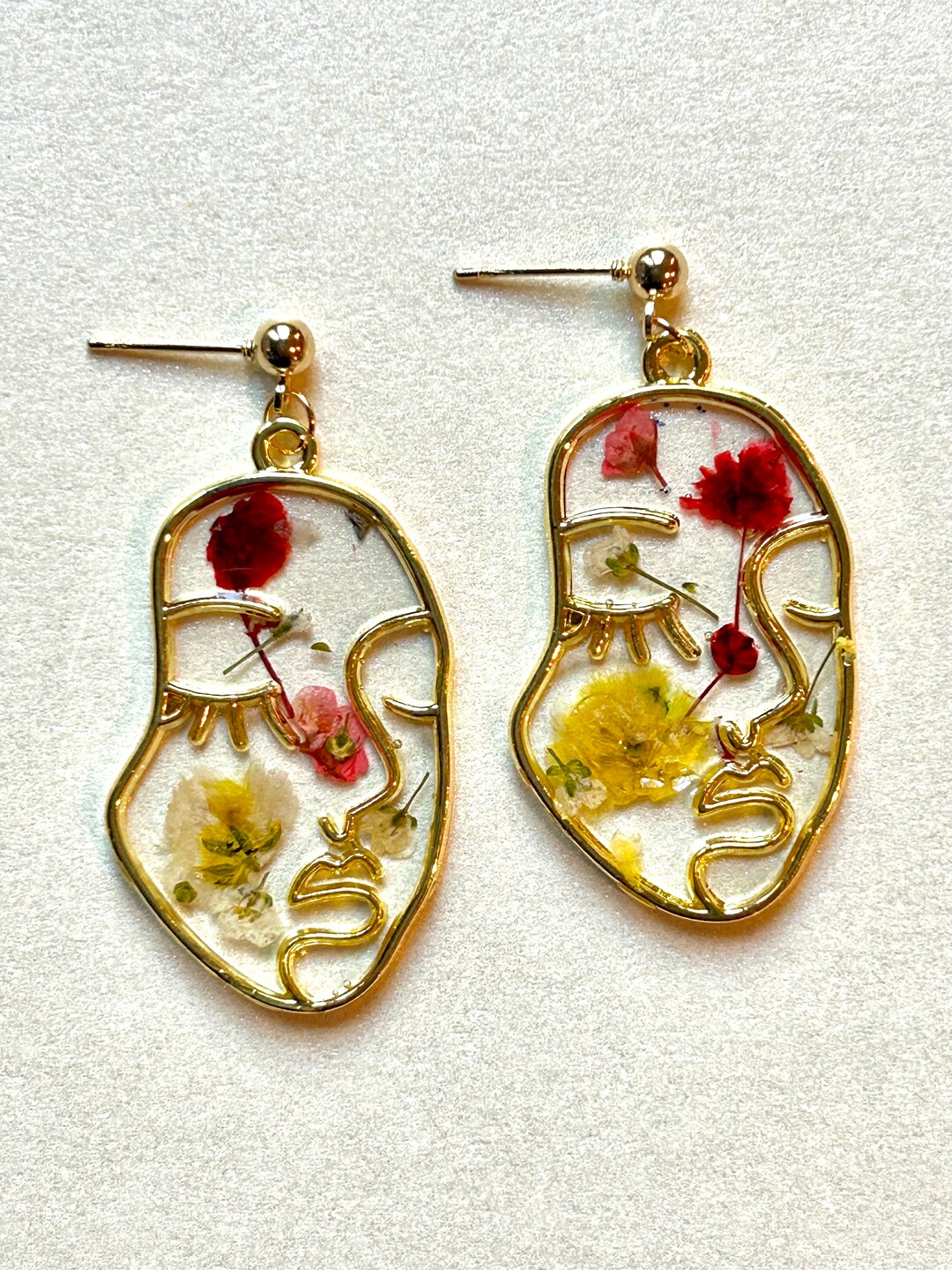 Abstract Face Gold Earrings | Handmade Botanical Earrings | Colorful ...