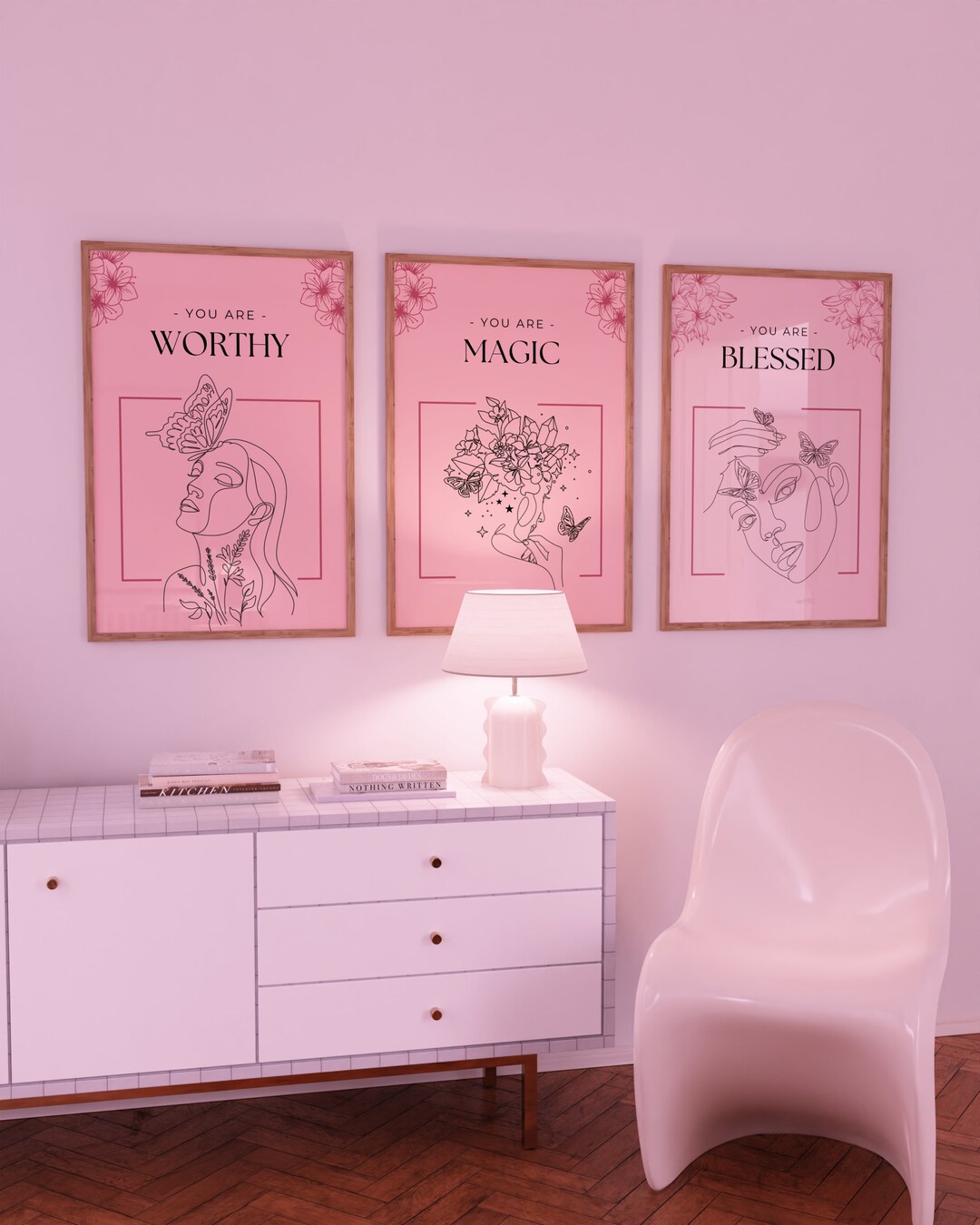 Empowering Pink Women Line Art Poster Set, Self Love Digital Prints ...