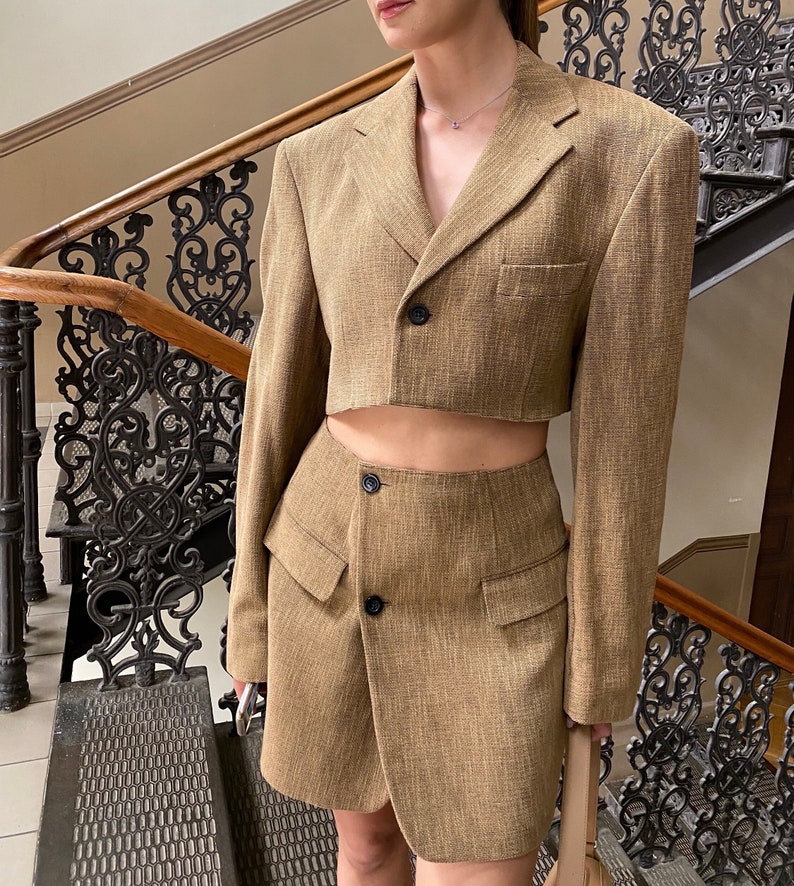 Reworked Vintage Suit Boxy Jacket and Skirt Set Beige Teddy - Etsy