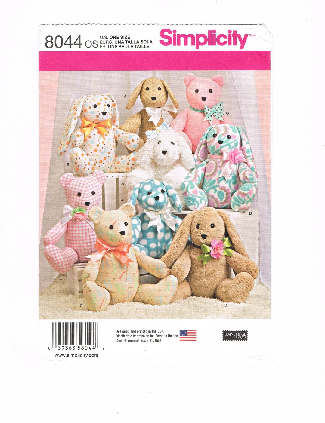 Precious Elaine Heigl Uncut TWO Piece Pattern Stuffed Animals! Simplicity 8044 Plush Toys Curly ...