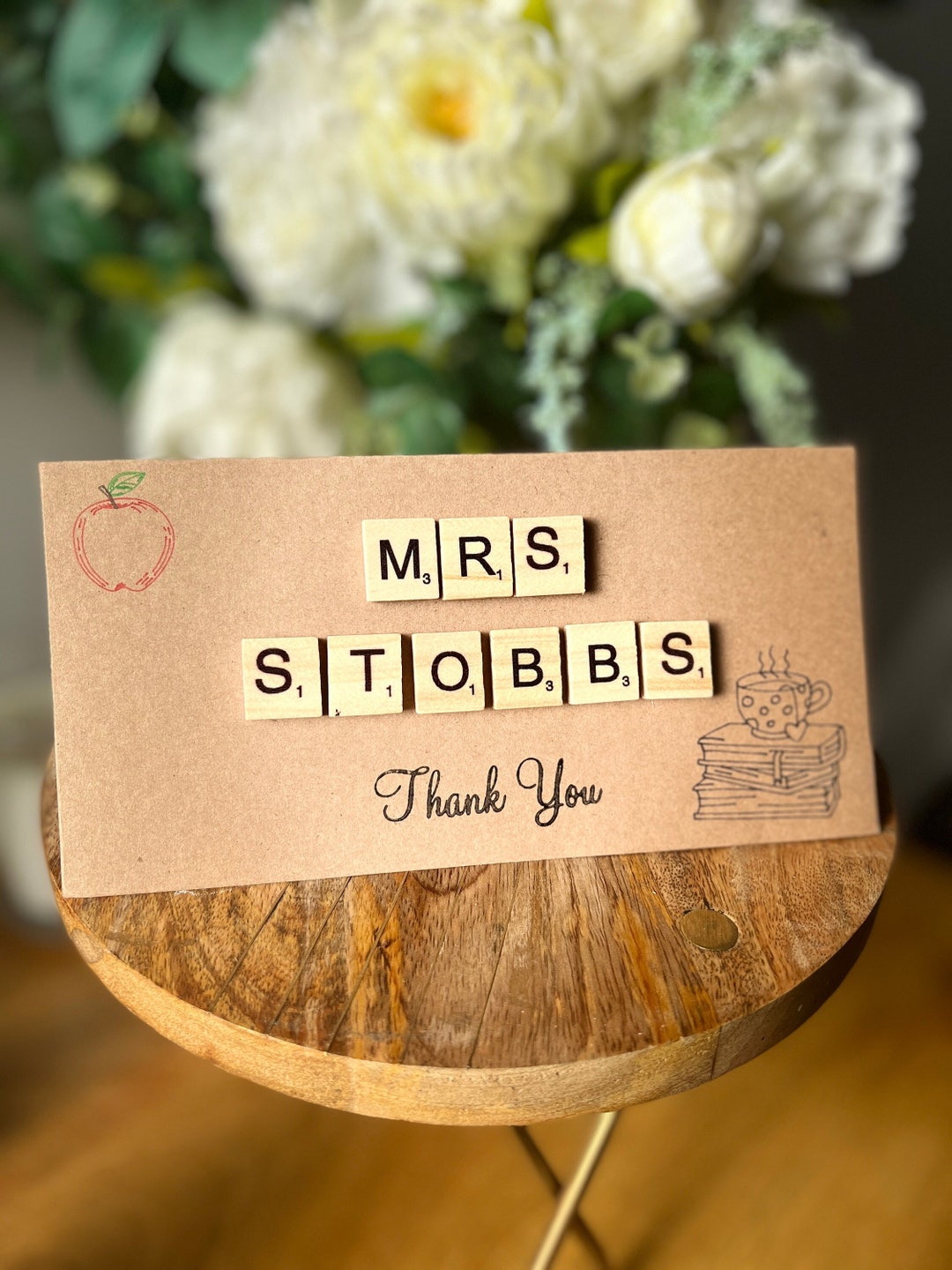 Scrabble Wooden Tile Teacher School Thank You Card Handmade Apple Books ...