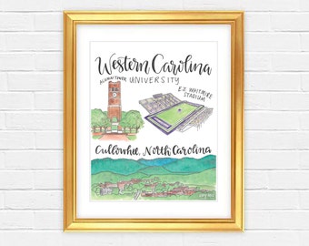 WCU Clocktower Watercolor Print, Western Carolina University Painting ...