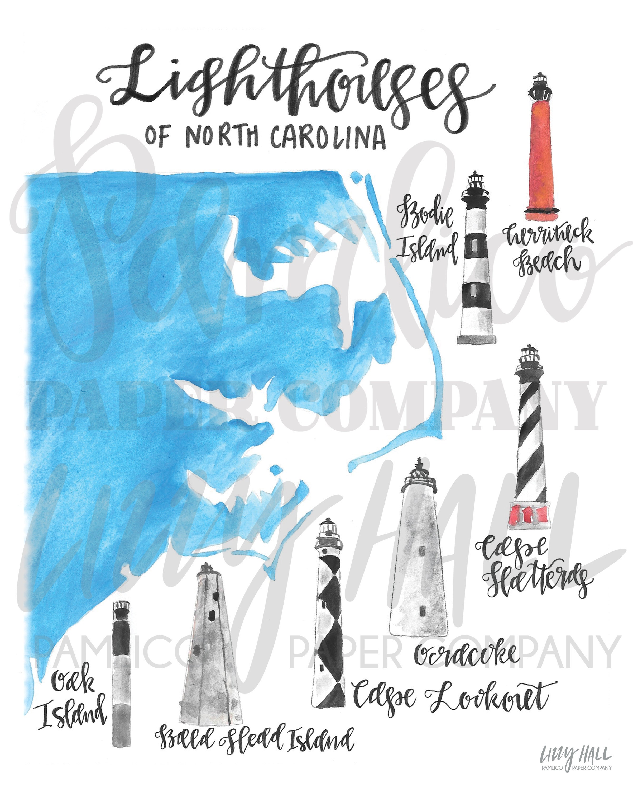 North Carolina Lighthouses Watercolor Print Unframed - Etsy