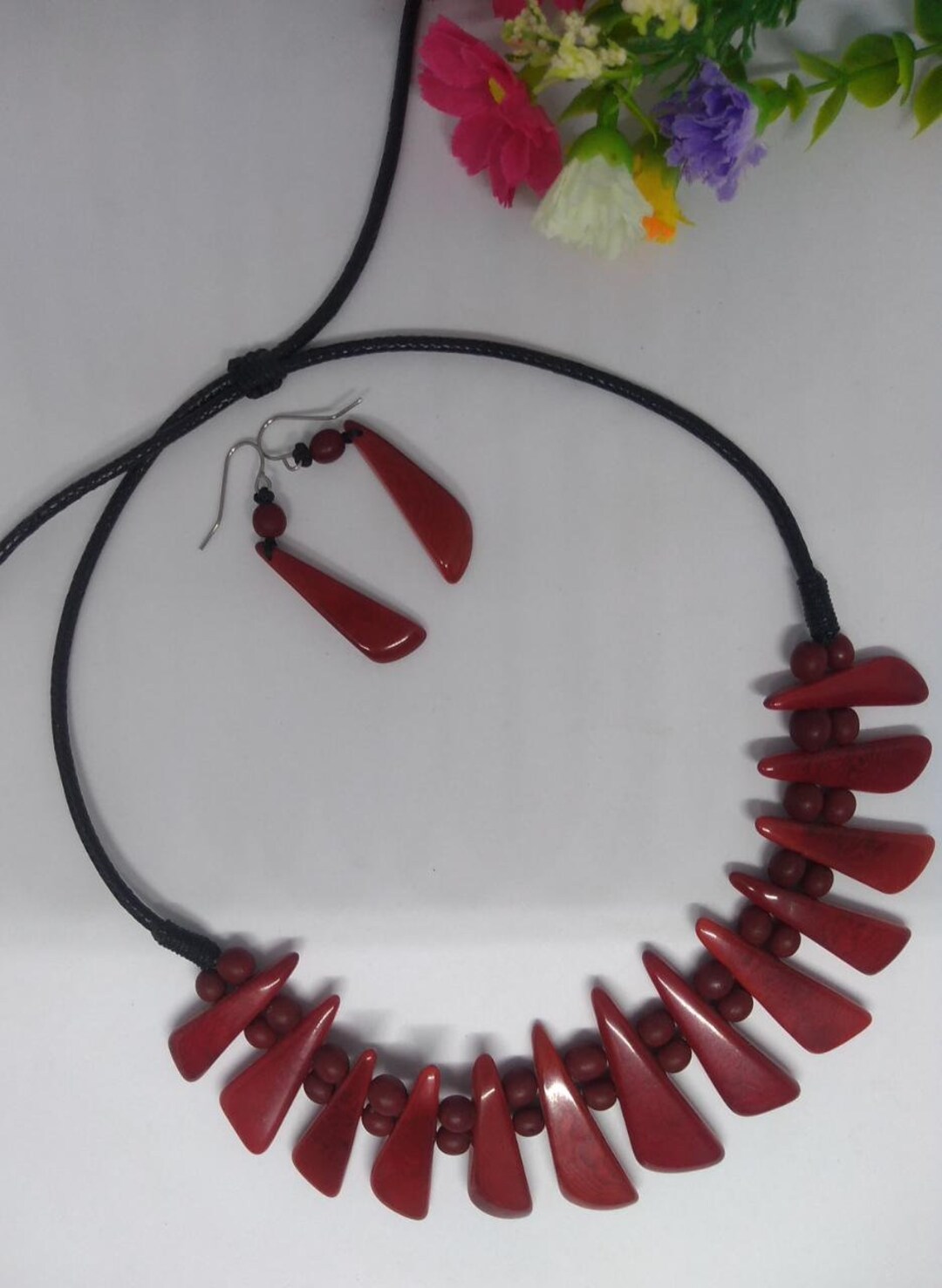 Red Tagua Necklace and Earrings Set. Jewelery Red Necklace. - Etsy