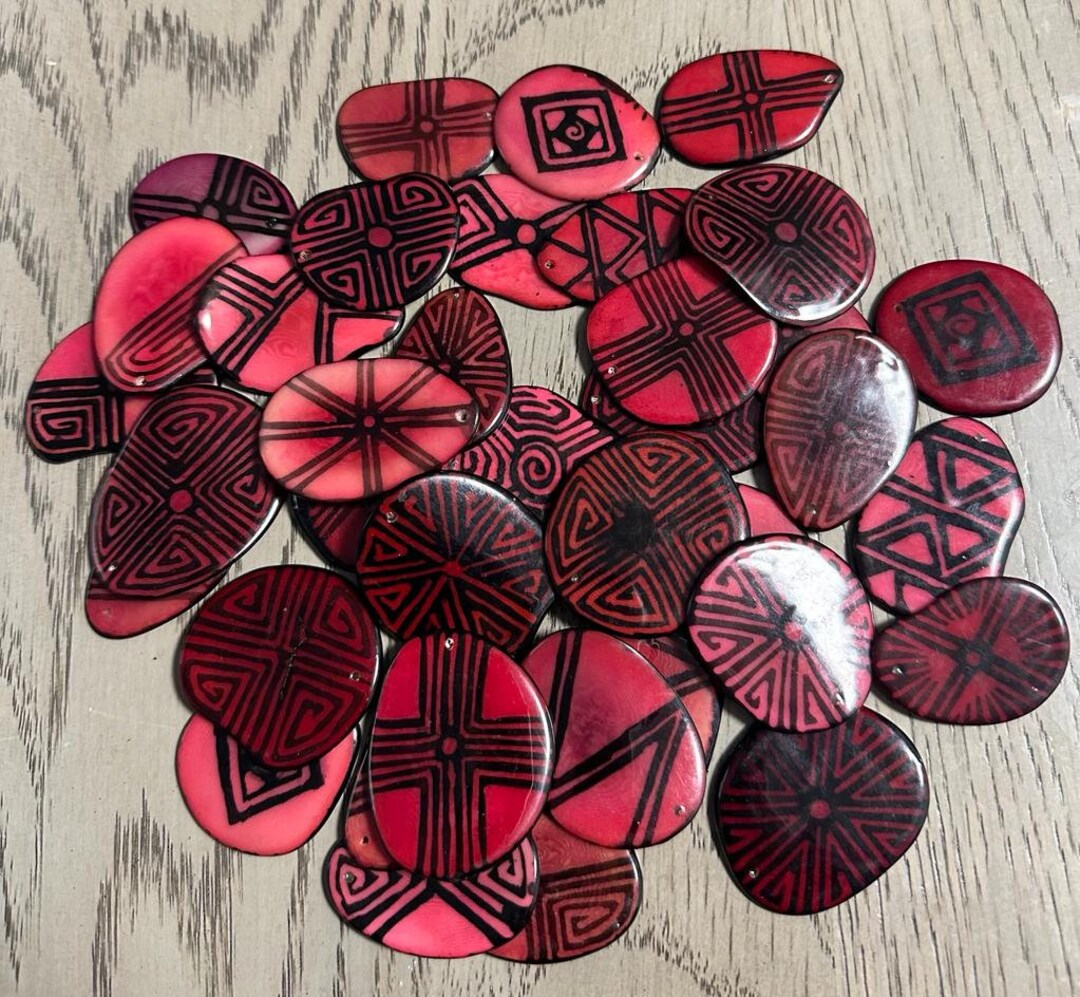 Tagua Slices Tagua Chips 10 Tagua Slices in a Mix of Black and Red Patterns Handpainted Eco ...