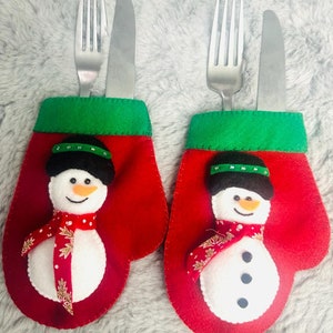 Snowman Christmas Cutlery Holder Silverware Pouch, Utensil Holders, Set ...