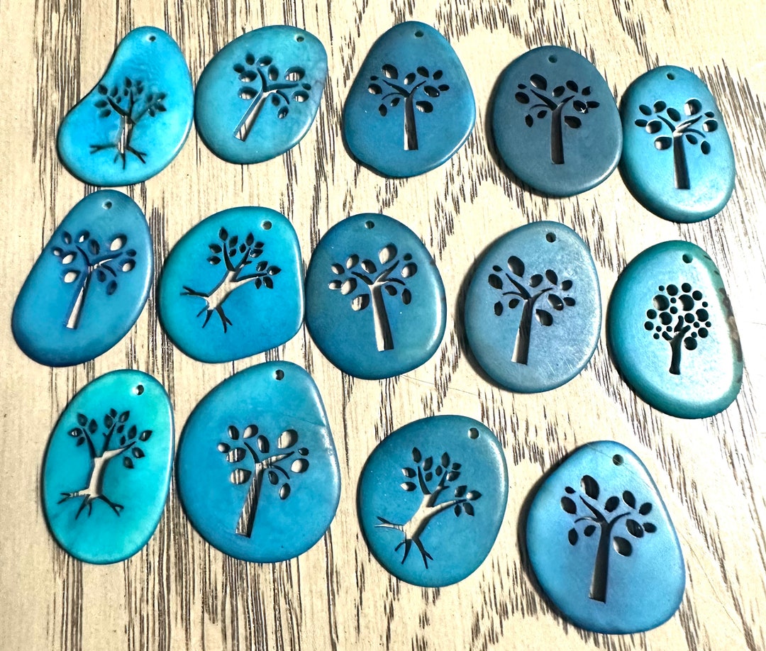 Tagua Beads Laser Cut Tree Shape 14 Slices / Chips in Blue Color From ...