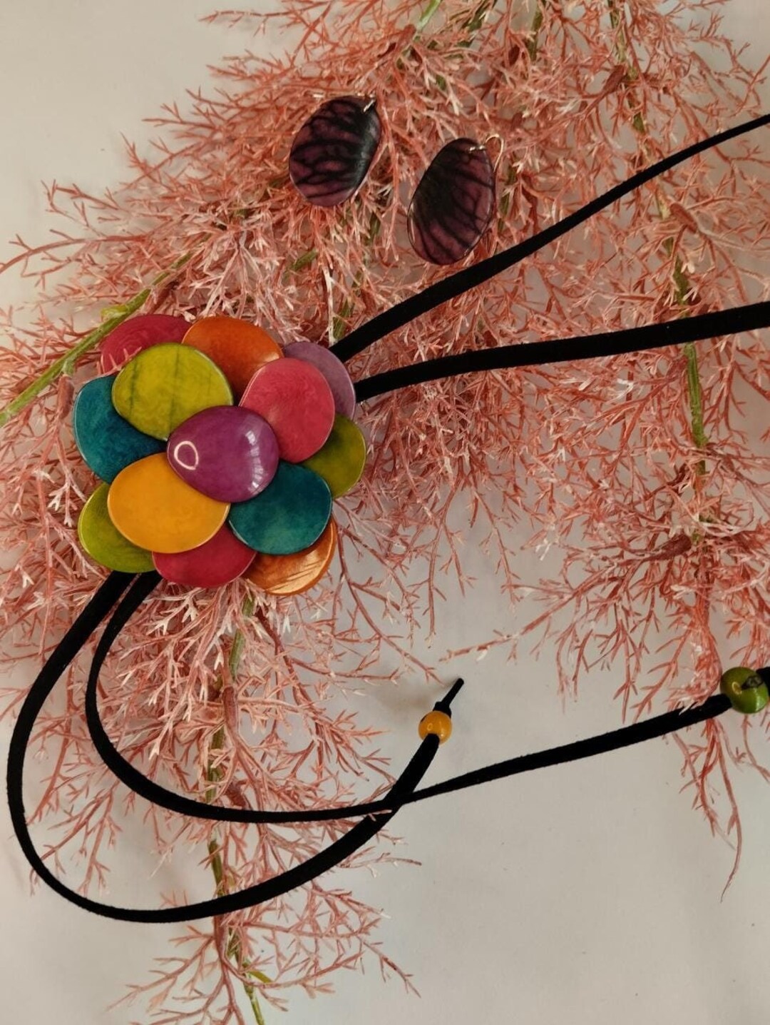 Multicolor Tagua Flower Pendant Necklace & Earrings Set. Handmade, Eco ...