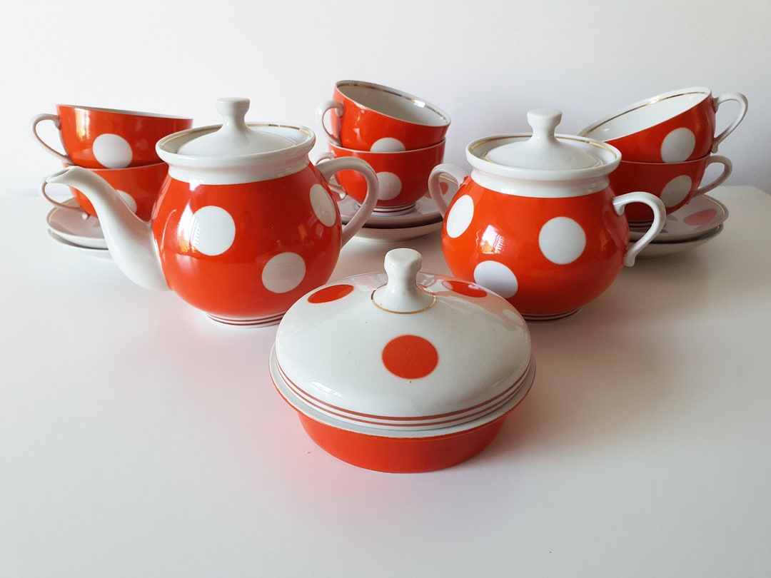 Soviet Tea Set / Red White Polka Dot Tea Service / Vintage Teapot and ...