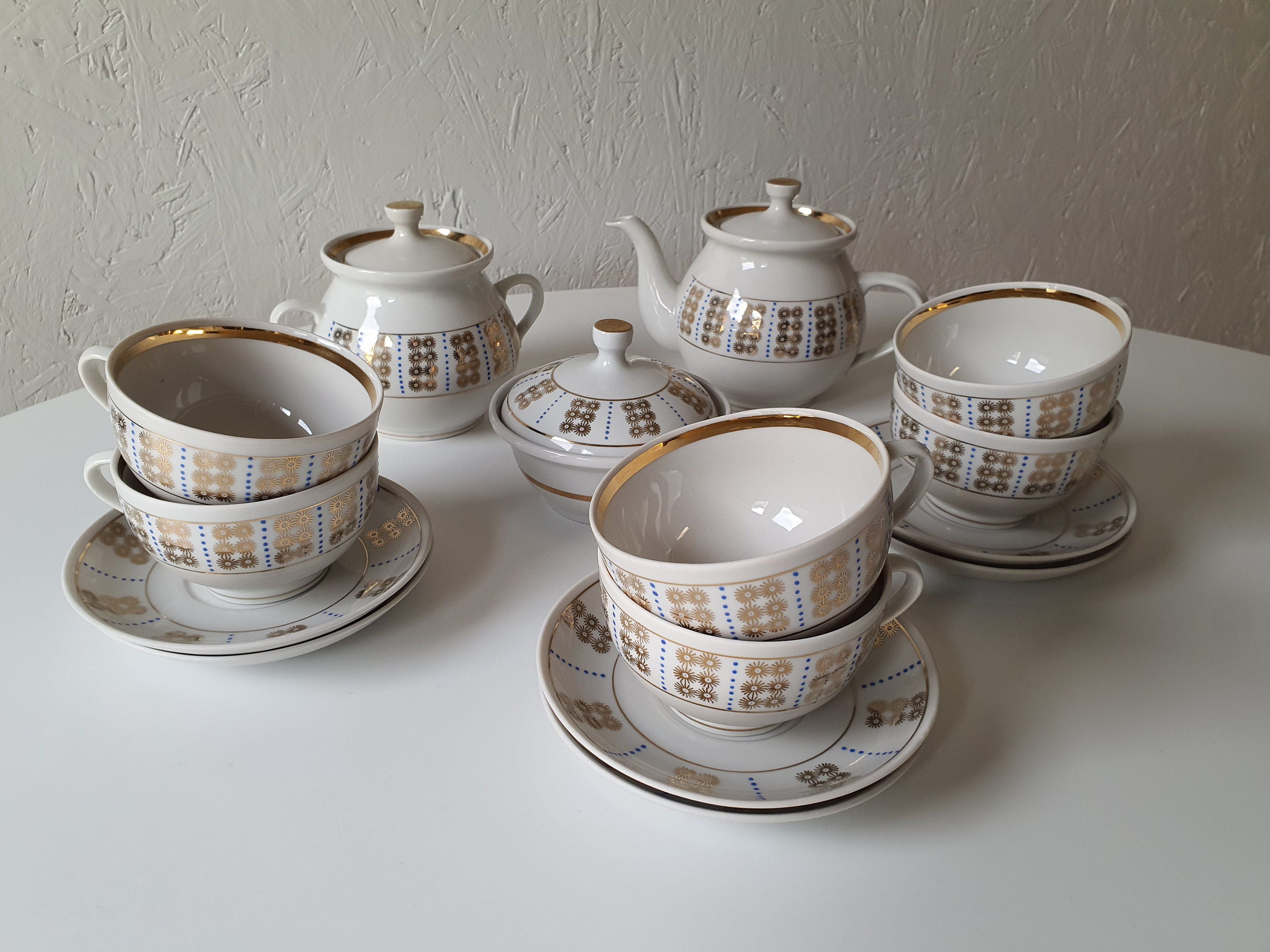 Vintage Six Persons Tea Set / Golden Blue Refined Porcelain ...