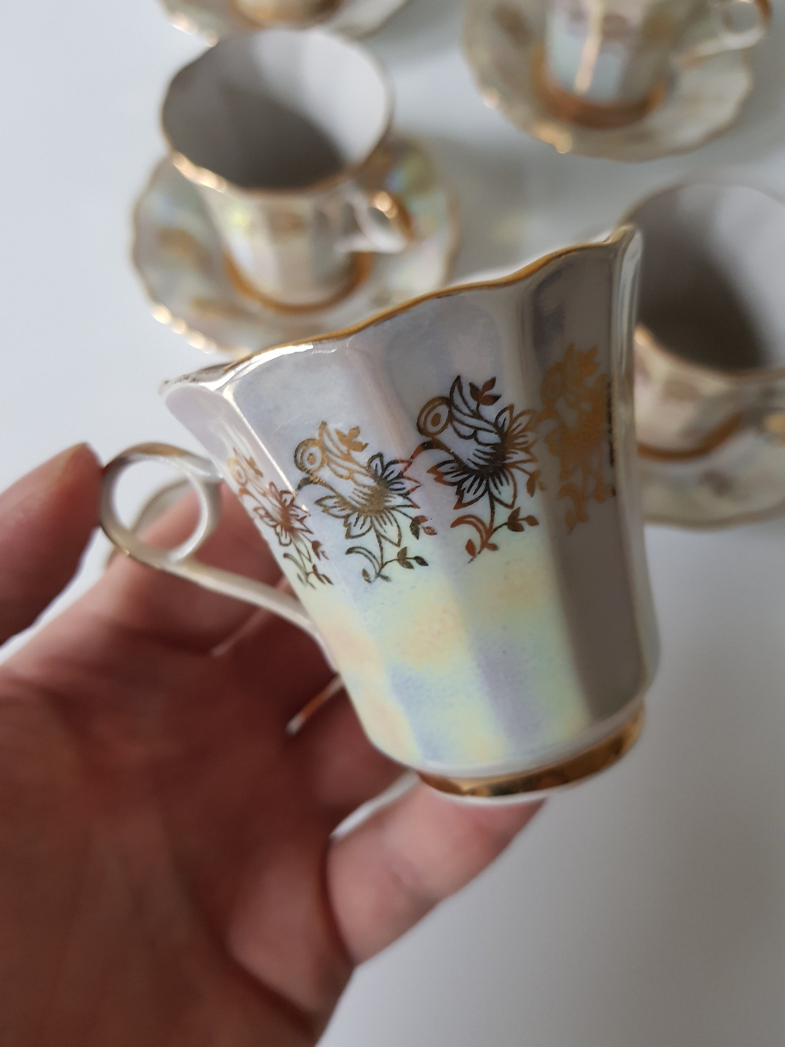 Set of Six Vintage Coffee Cups / Pearl Color With Golden Printed Decor ...