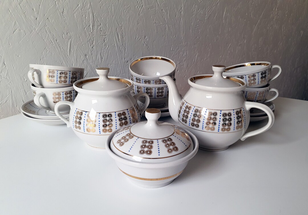 Vintage Six Persons Tea Set / Golden Blue Refined Porcelain ...
