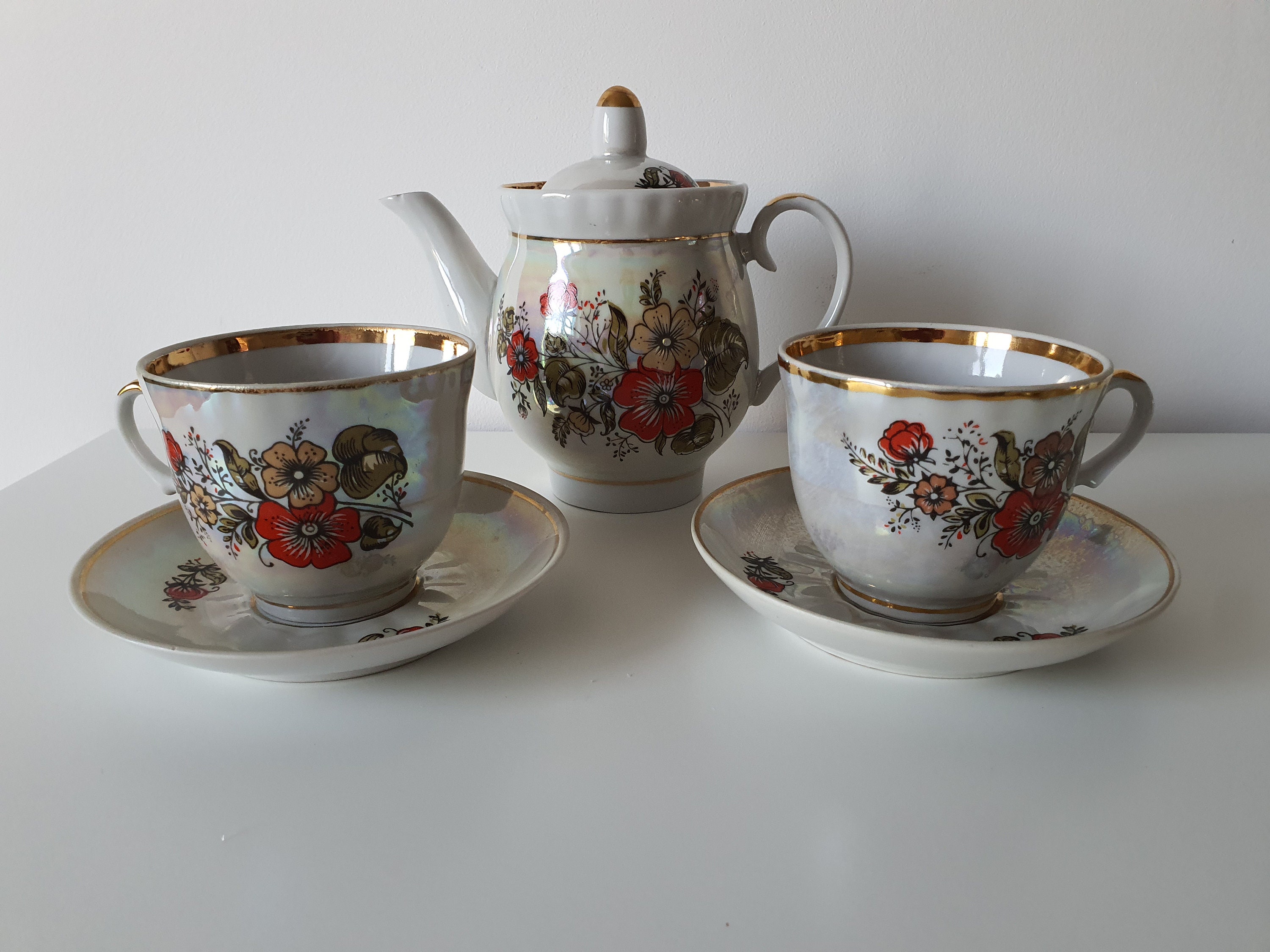 Vintage Porcelain Tea Set / Floral Decor / Mother-of-pearl Overglaze ...
