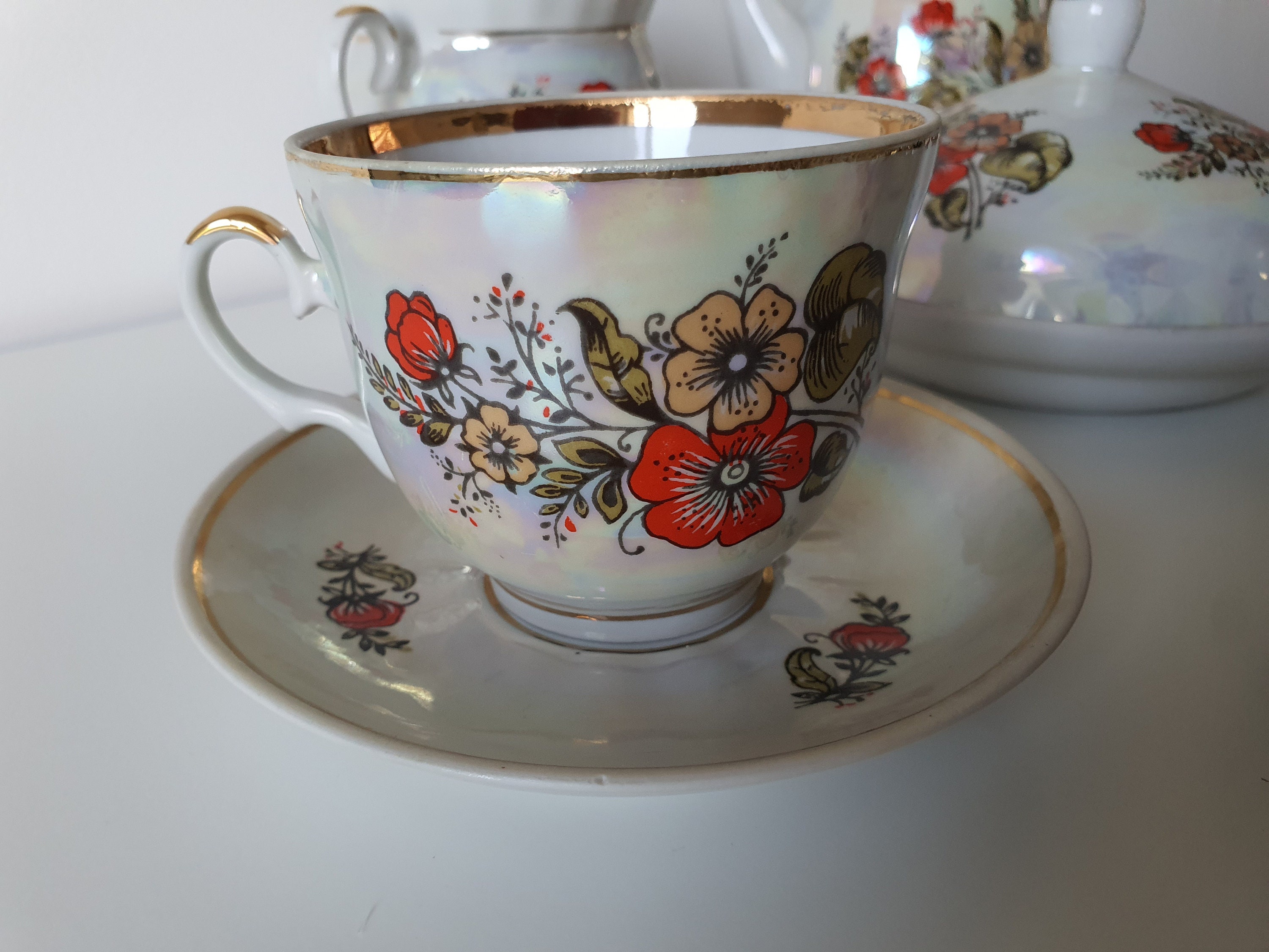 Vintage Porcelain Tea Set / Floral Decor / Mother-of-pearl Overglaze ...