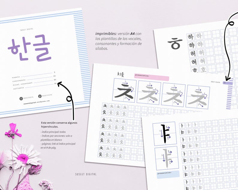 Hangul Workbook in English and Spanish: Fighting C2 | Korean Alphabet Digital Printable ...