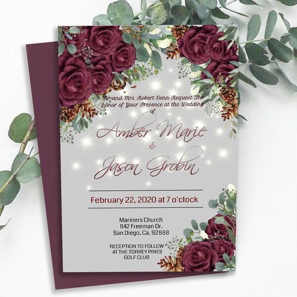 Burgandy and Silver Wedding Invitation - Etsy
