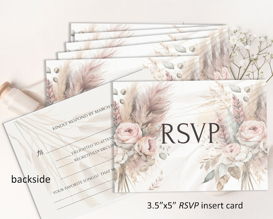Editable WEDDING RSVP Insert Card, Boho Chic Floral Wedding Reply Card ...