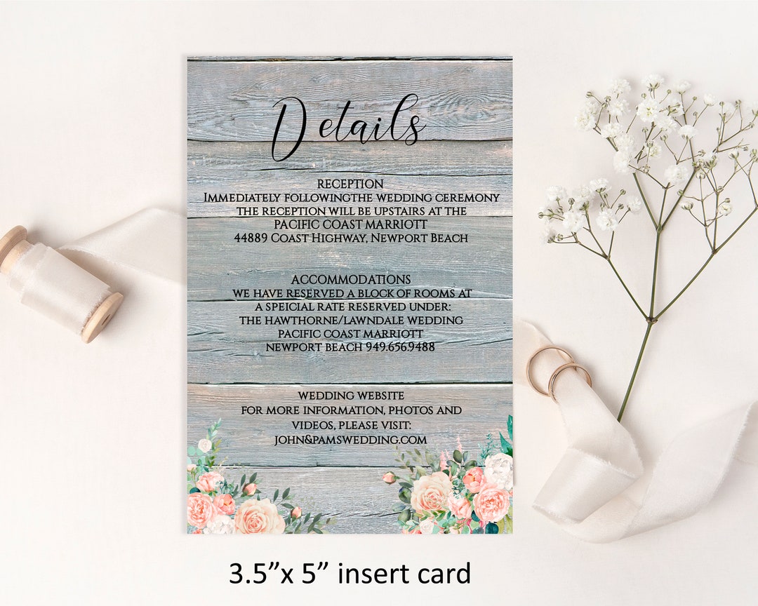 Editable WEDDING DETAILS CARD, 3.5"x5" Floral Wedding Insert Card, Blush Peach Wedding Set ...