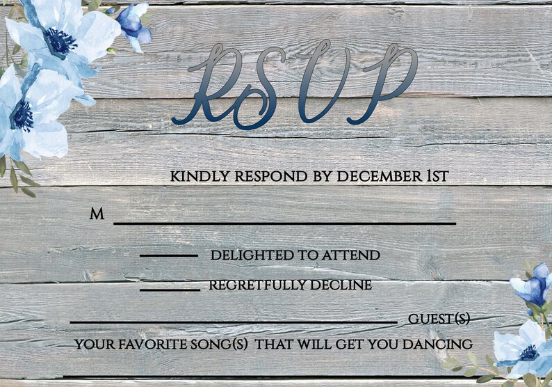 Editable RSVP Insert Card, Rustic Blue Floral Wedding Reply Card 5"x3.5 ...
