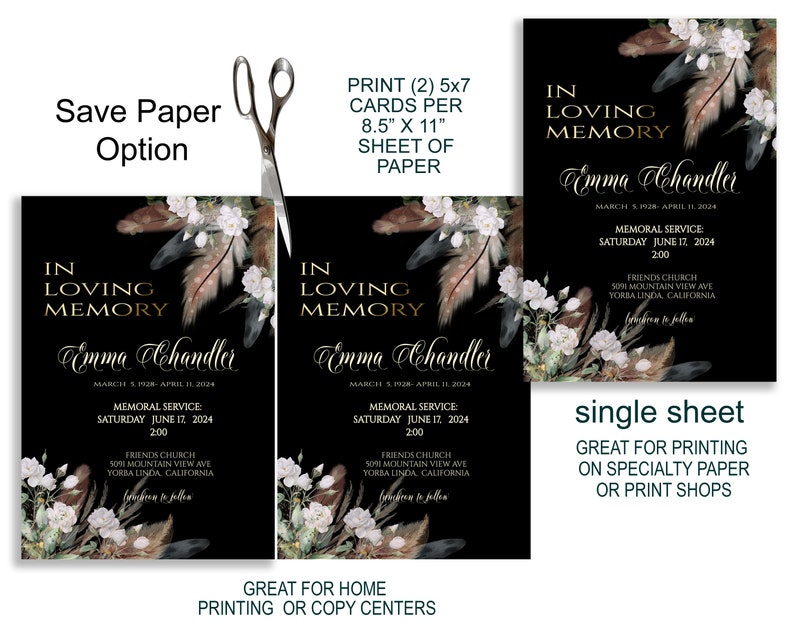 Editable "in LOVING Memory" Card, Boho Feather Floral, Celebrating the ...