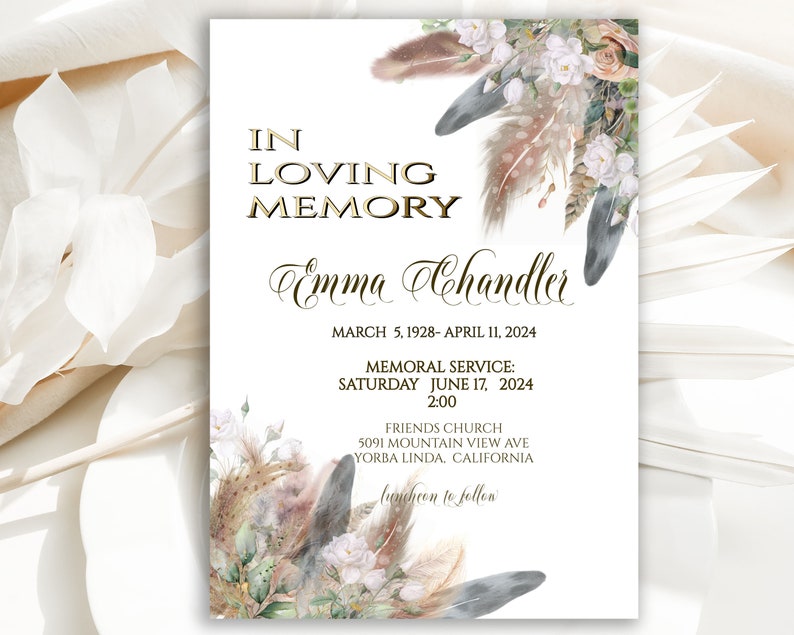Editable "in LOVING Memory" Card, Boho Feather Floral, Celebrating the ...
