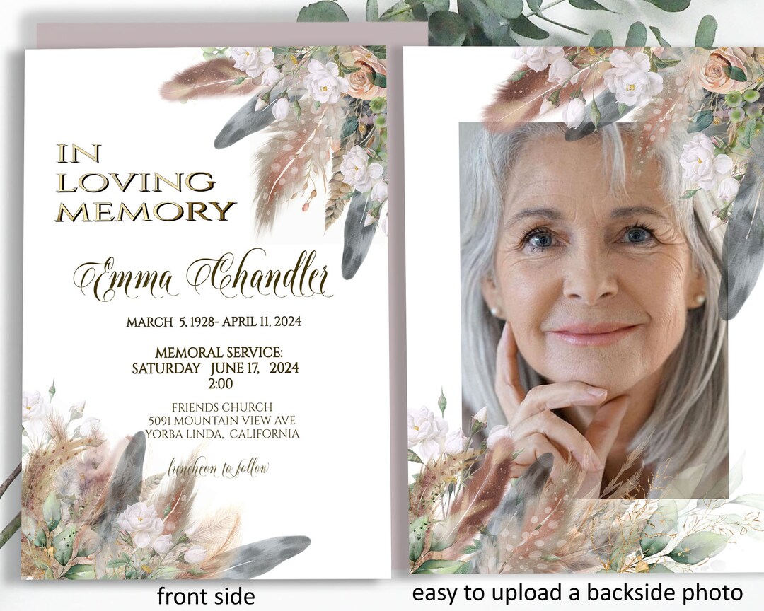 Editable "in LOVING Memory" Card, Boho Feather Floral, Celebrating the ...