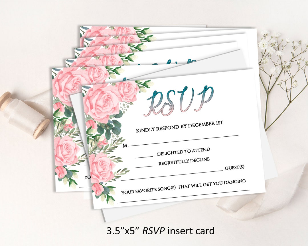 Editable RSVP Insert Card, Pink Roses & Eucalyptus Wedding Invitation ...