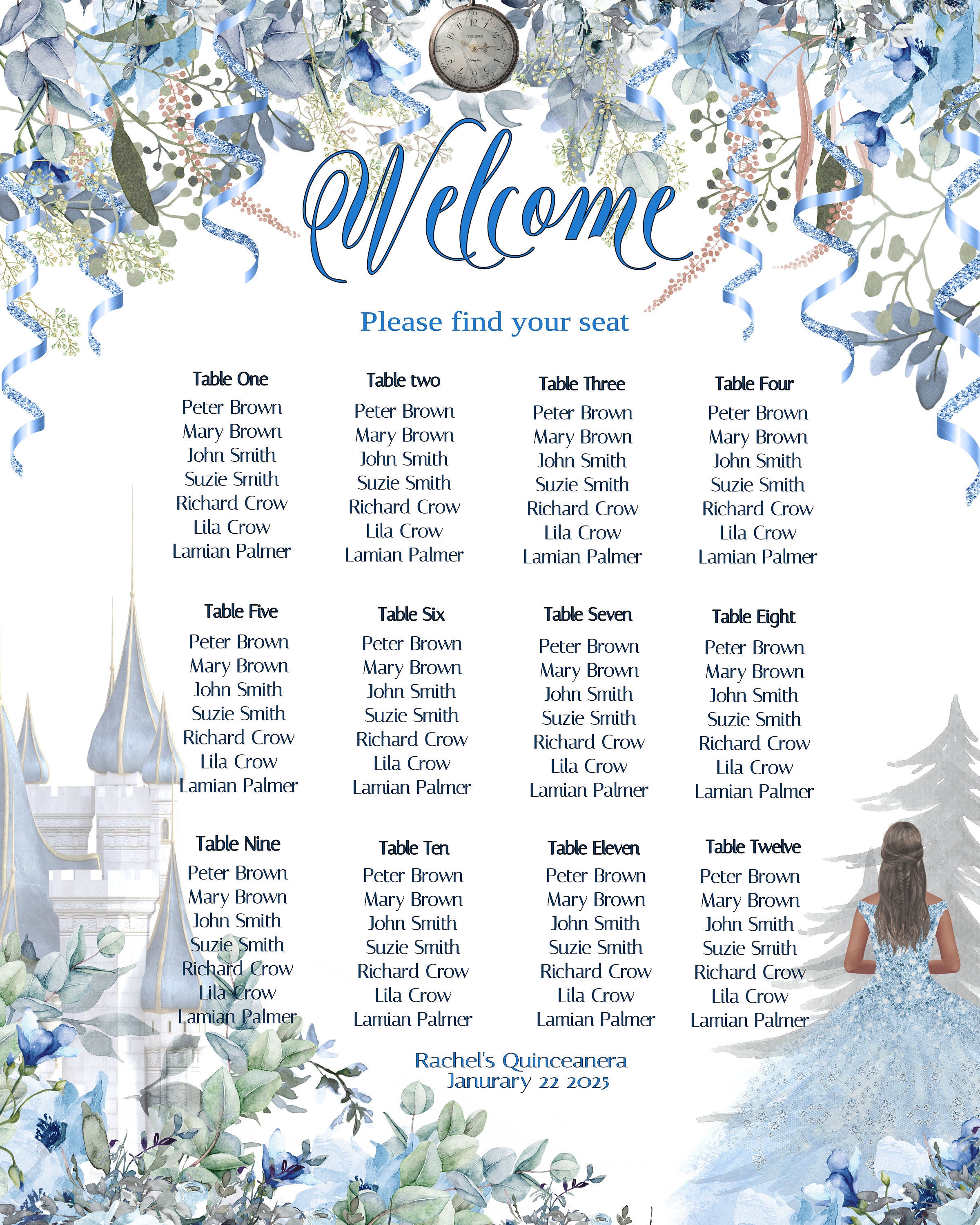 Editable QUINCEANERA SEATING CHART 18"x24" Cinderella Theme Seating ...
