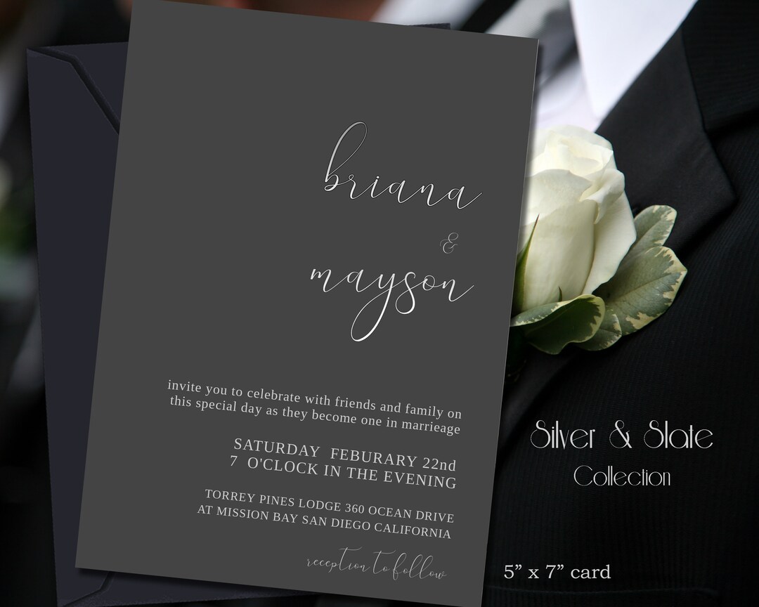 Editable Bold Modern WEDDING INVITATION, Elegant Silver Font on Slate ...