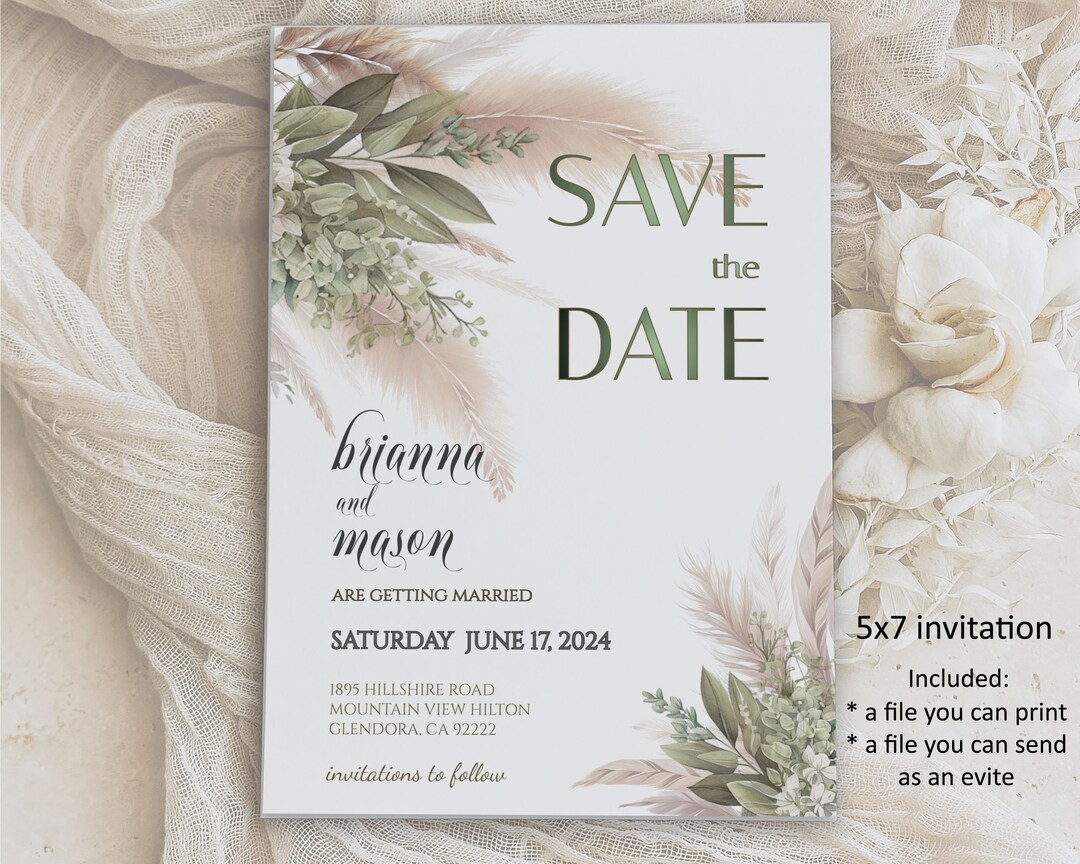 Editable BOHO Wedding SAVE the DATE, Pampas Grass, Earth Tone Floral ...