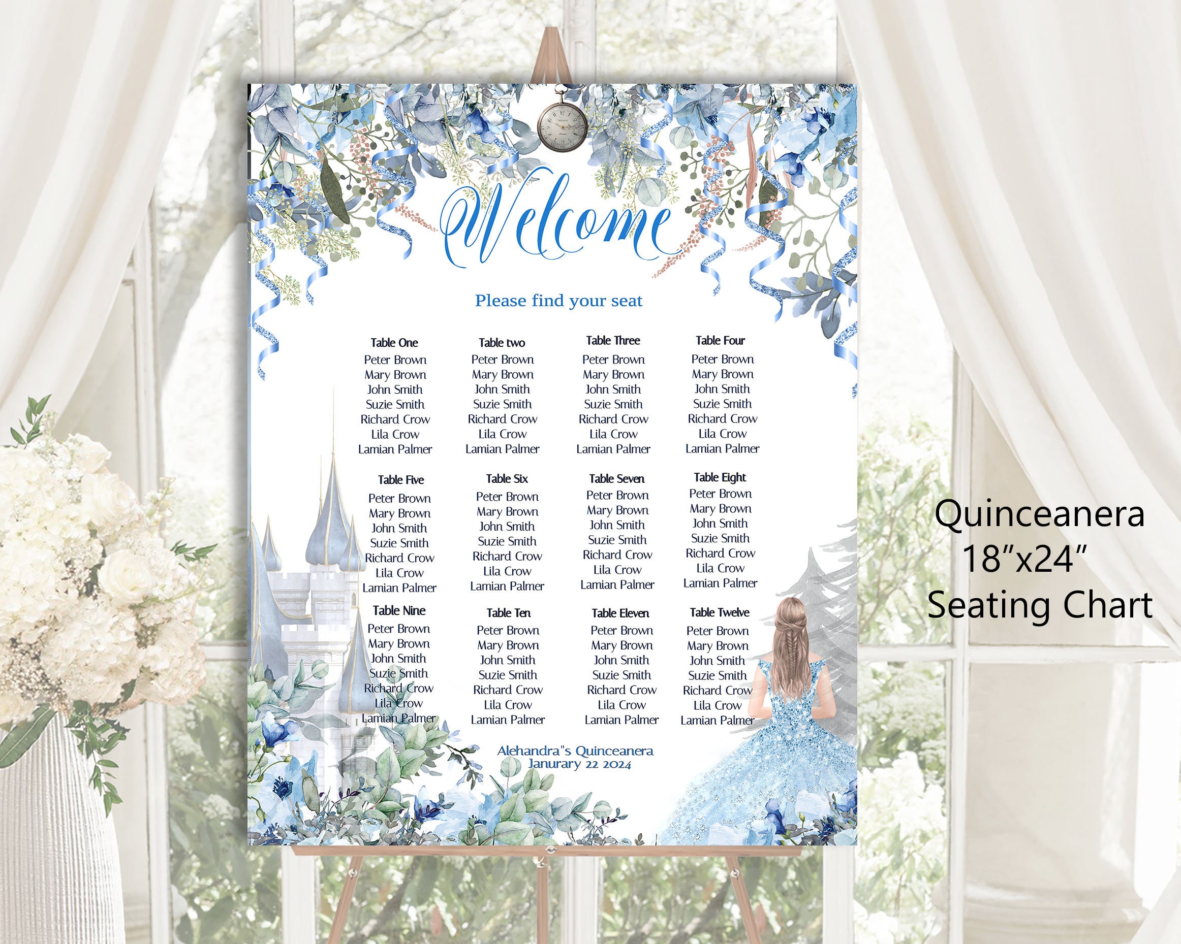 Editable QUINCEANERA SEATING CHART 18"x24" Cinderella Theme Seating ...