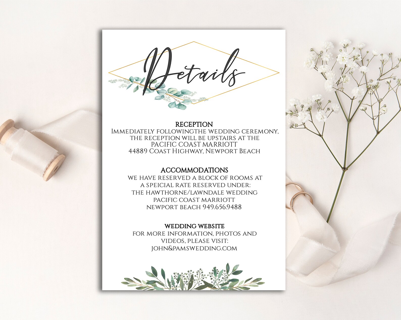 Editable DETAILS Insert WEDDING CARD, Eucalyptus Greenery, Wedding ...