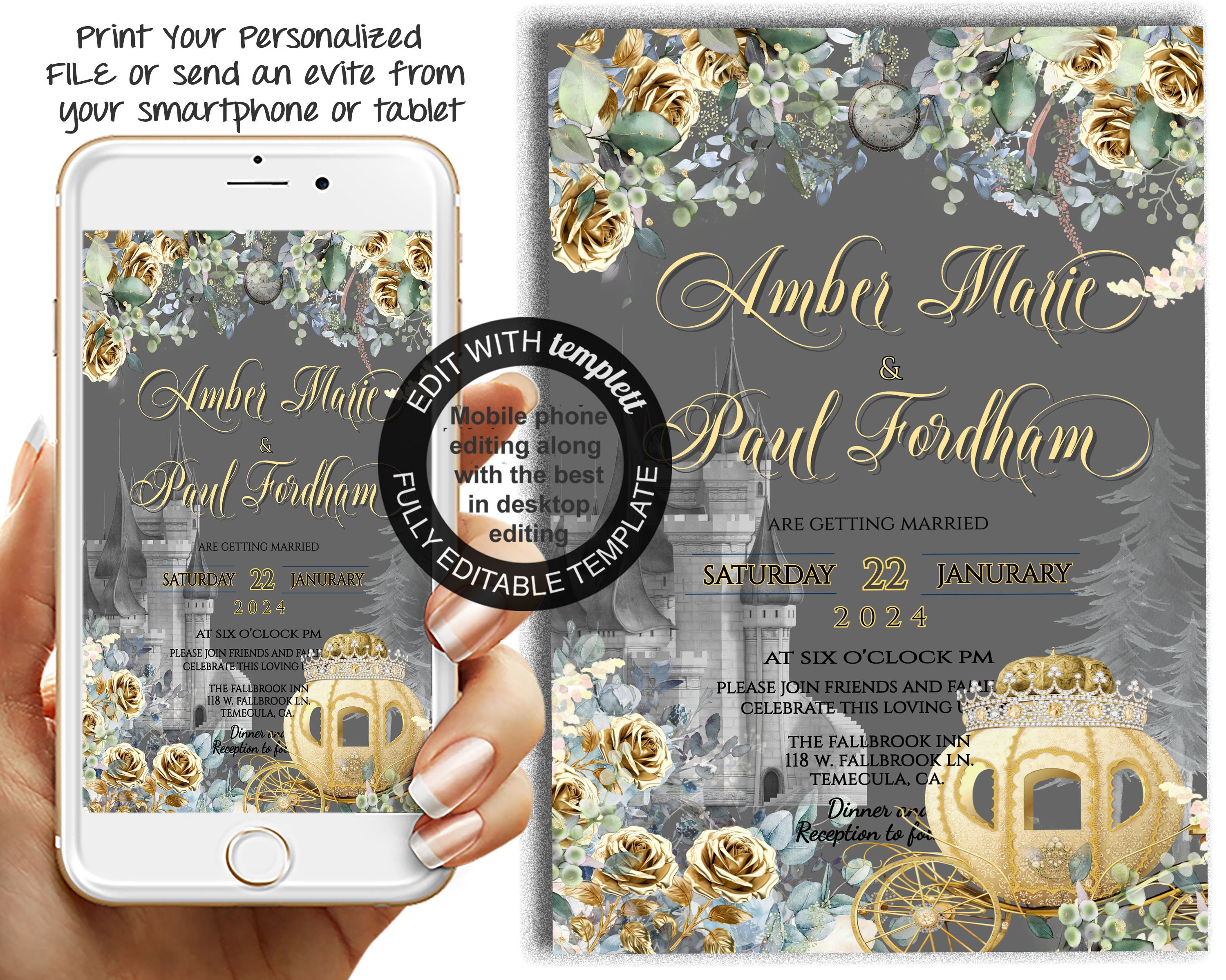 Editable WEDDING INVITATION, Cinderella Theme Wedding Card Template ...