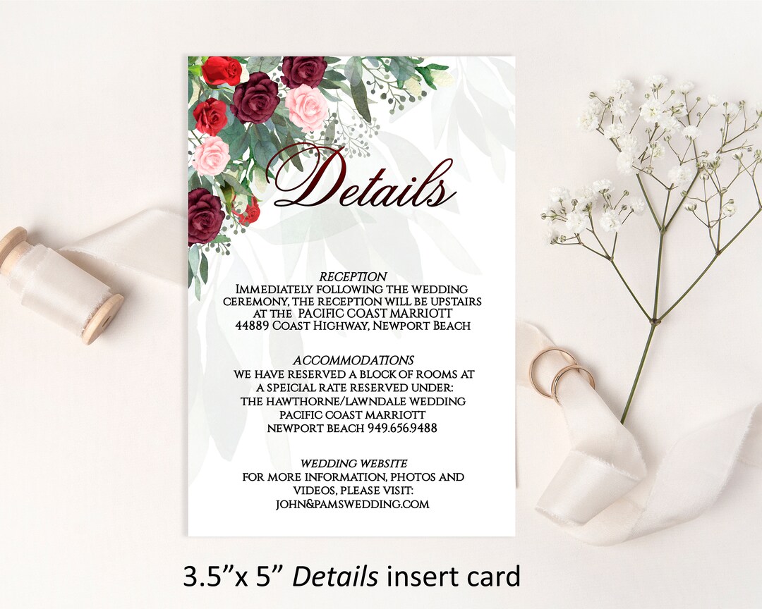 Editable WEDDING DETAILS CARD, 3.5"x5" Floral Wedding Insert Card ...