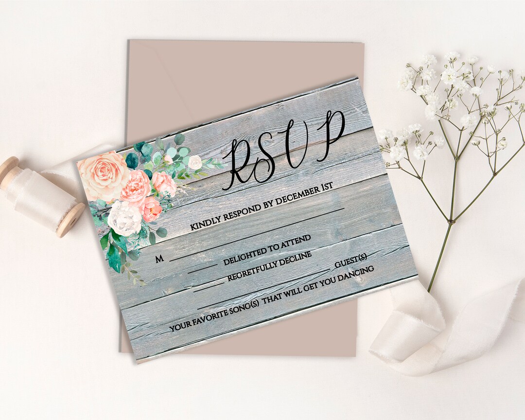 Editable RSVP Insert Card, Floral Blush Peach Wedding Reply Card 5"x3.5 ...