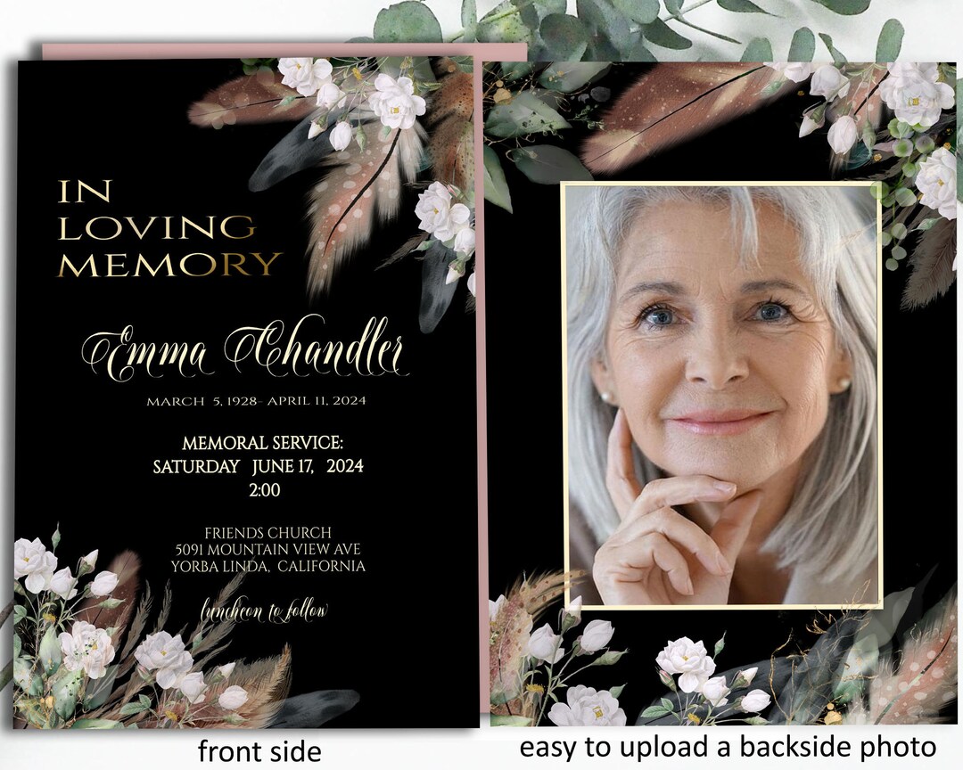 Editable "in LOVING Memory" Card, Boho Feather Floral, Celebrating the ...