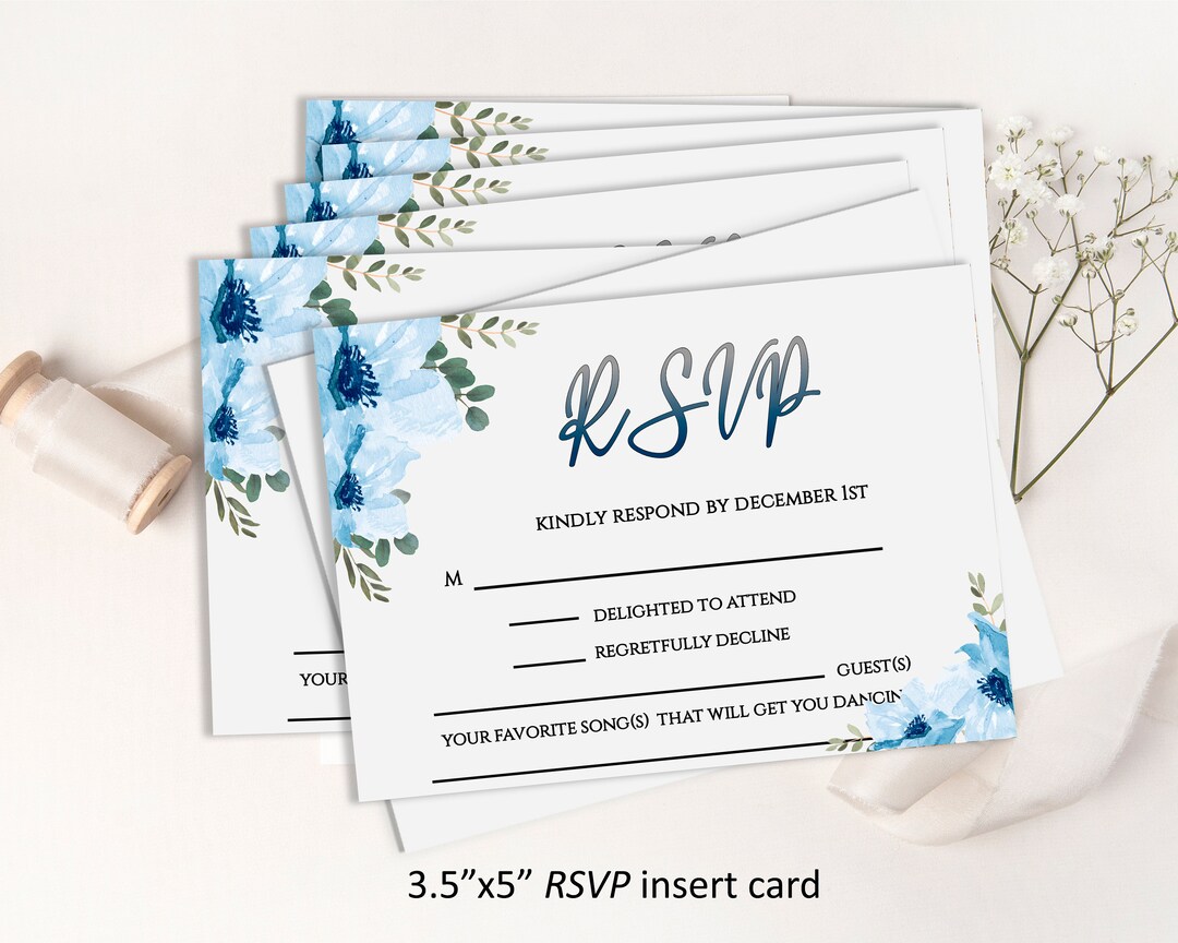 Editable RSVP Insert Card, Dusty Blue Floral Wedding Reply Card 5"x3.5 ...