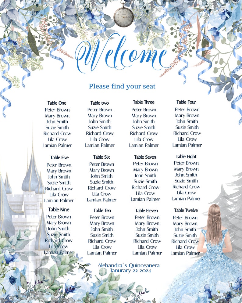 Editable QUINCEANERA SEATING CHART 18"x24" Cinderella Theme Seating ...
