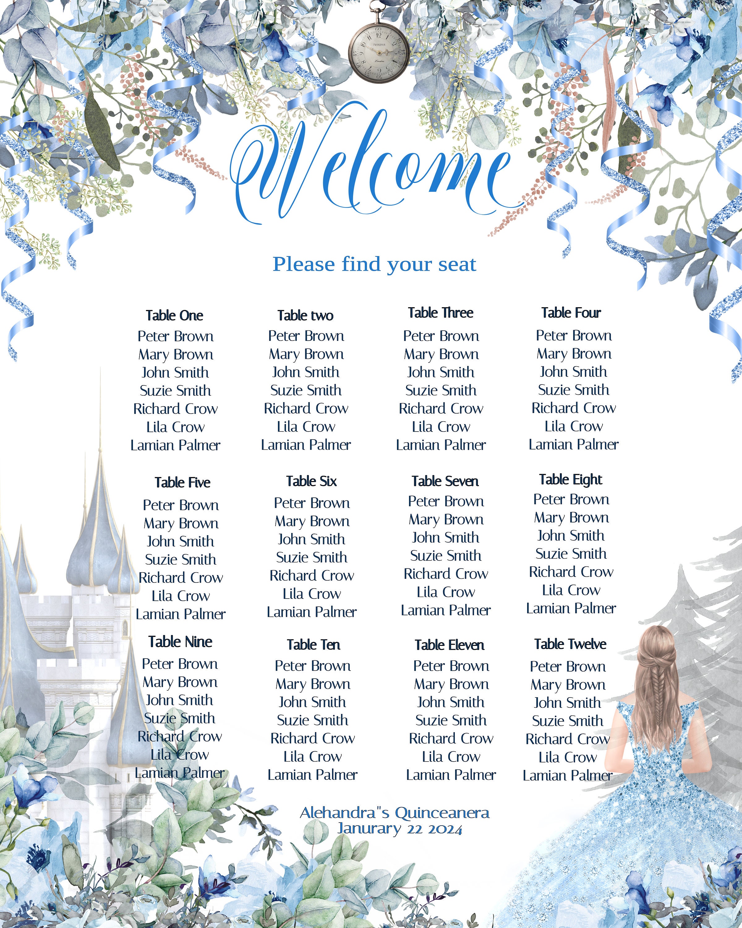 Editable QUINCEANERA SEATING CHART 18"x24" Cinderella Theme Seating ...