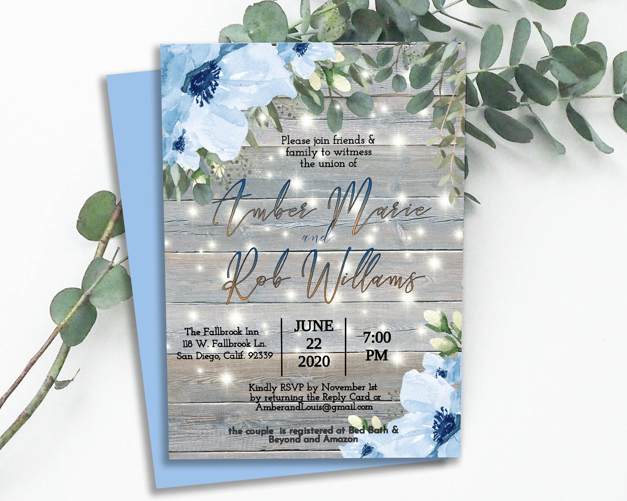 Editable WEDDING INVITATION, Light Blue Floral Wedding Template, Diy ...