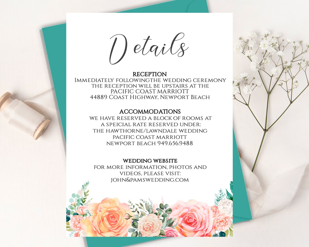 Editable WEDDING DETAILS CARD, 3.5"x5" Floral Wedding Insert Card, Blush Pink Peach Wedding Set ...